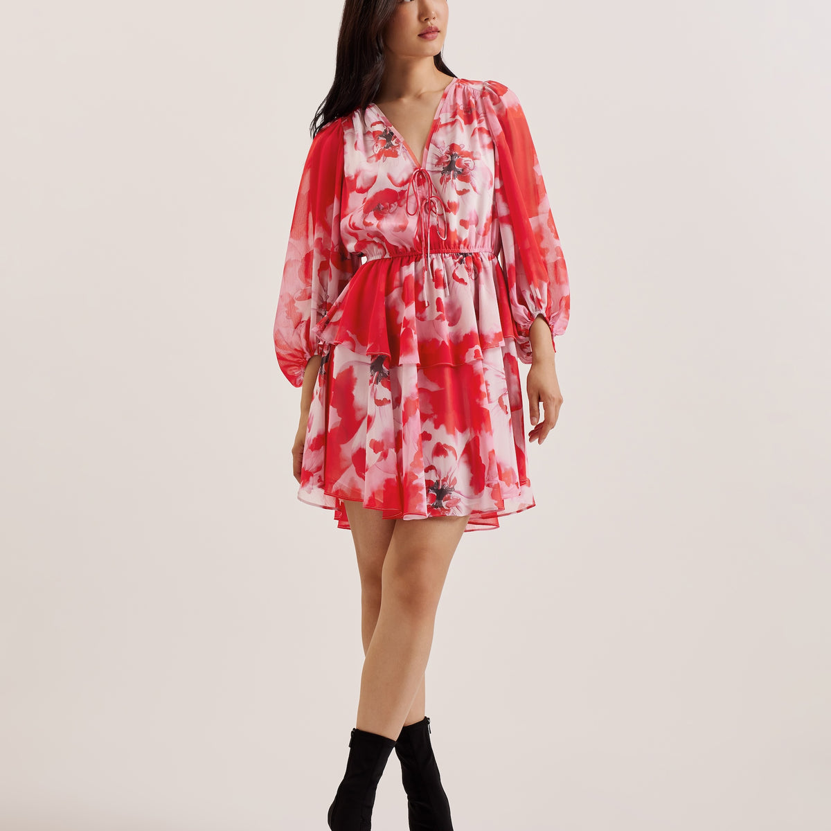 Women's Leyna-Printed Tie Front LS Mini Dress Red – Poseidon Brands ...